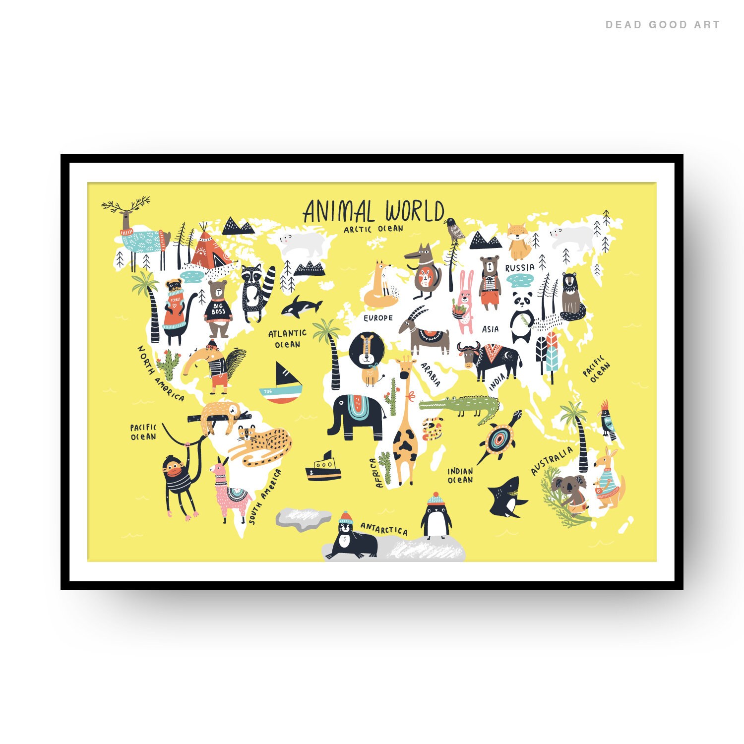 Animal World Map Print YELLOW Map Wall Art Educational | Etsy