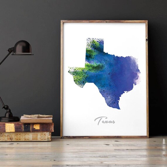 Texas State Map Blue Watercolor Print Home Decor Art Print | Etsy