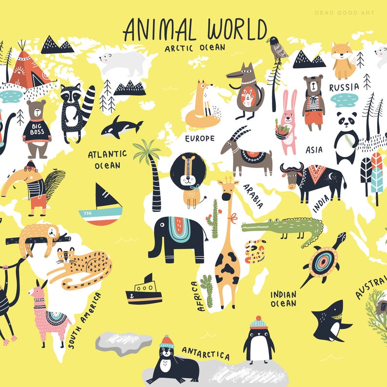 Animal World Map Print YELLOW Map Wall Art Educational - Etsy