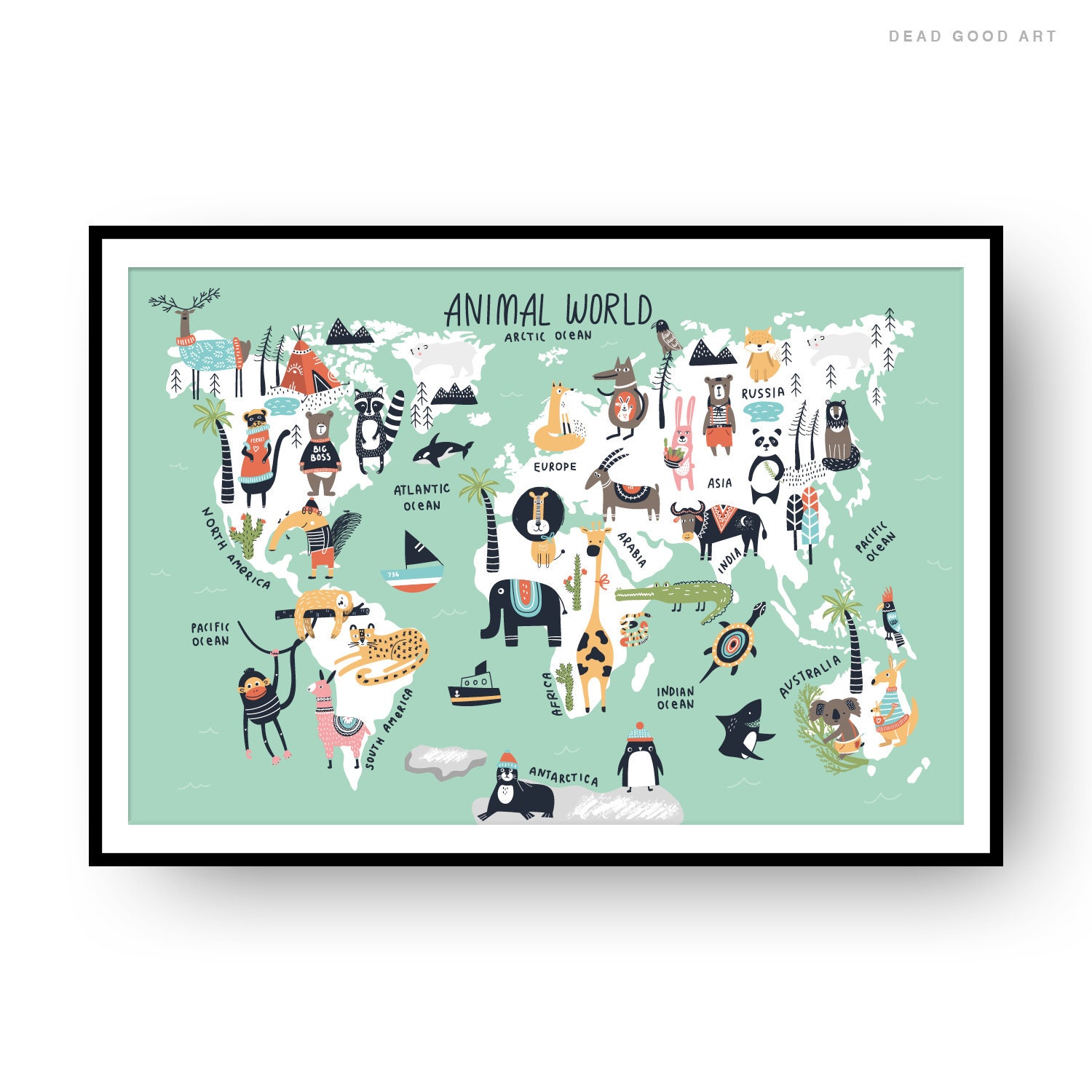 Animal World Map Print YELLOW Map Wall Art Educational | Etsy