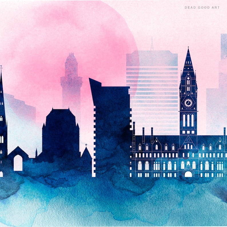 Manchester Watercolor Skyline Sunset Manchester Dawn England - Etsy