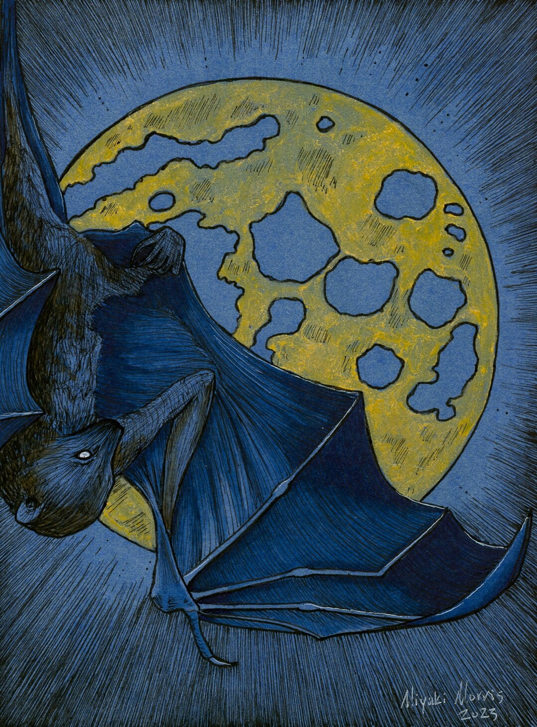 Print Bat Illustration full Moon Dark Halloween Art Animal Moon Drawing ...