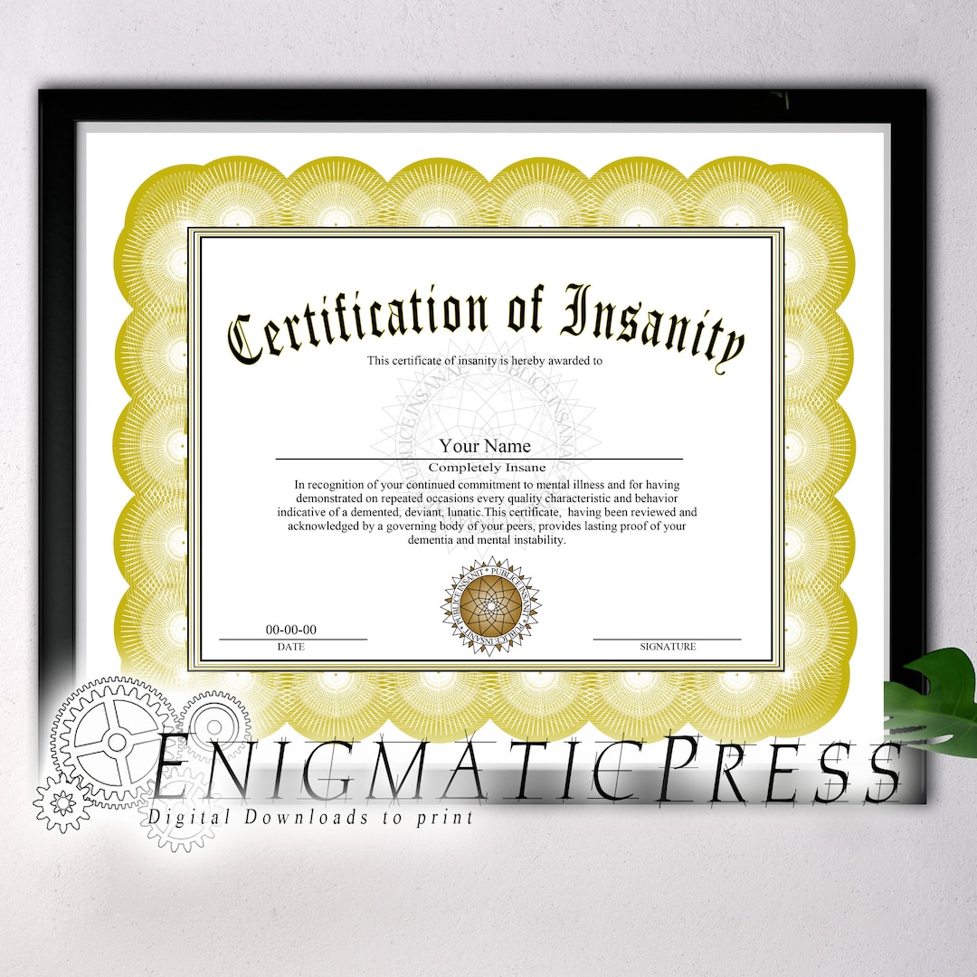 Certificate of Insanity, PDF With Editable Text, Home Printable ...