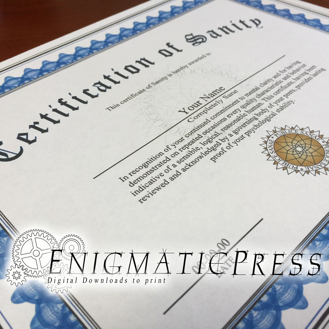 Certificate of Sanity, PDF With Editable Text, Home Printable, Digital ...