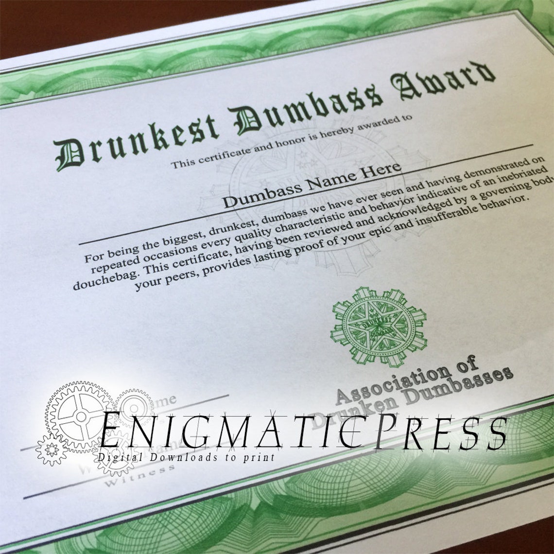 Drunkest Dumbass Award Certificate With Editable Text Home | Etsy