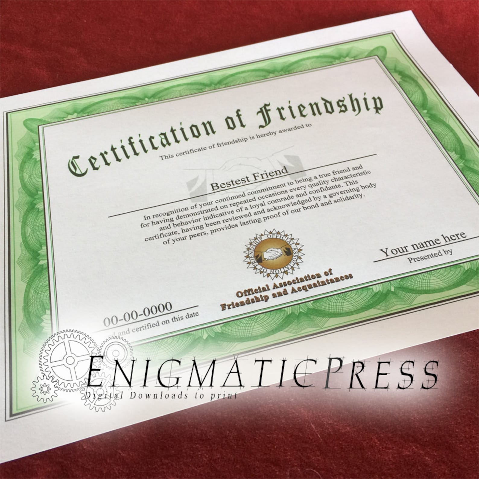 Certificate of Friendship Award Style Gift, With Editable Text, Home ...