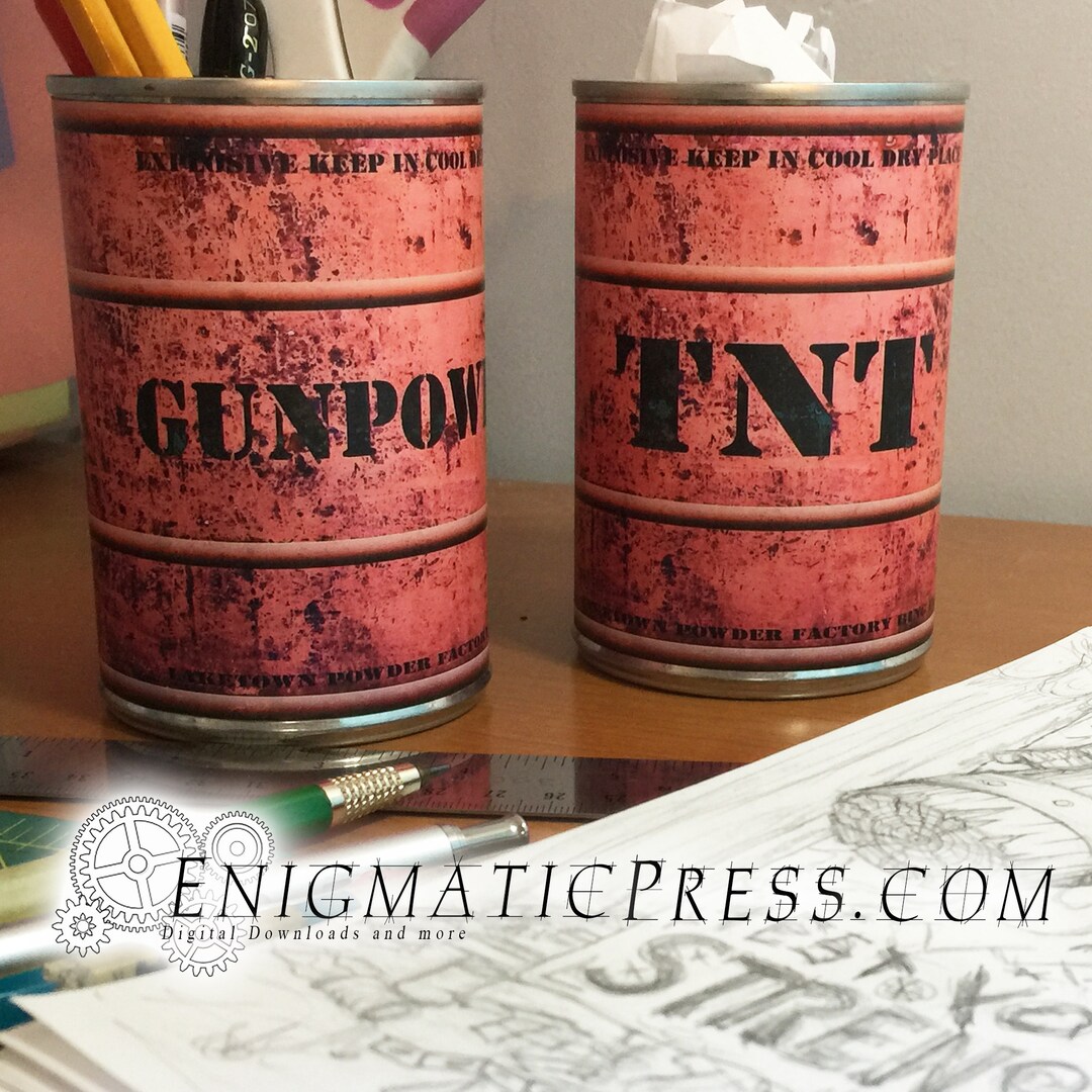 TNT, GUNPOWDER, Waste Drum Graphic, Tin Can Labels Set, Fun Home Office ...