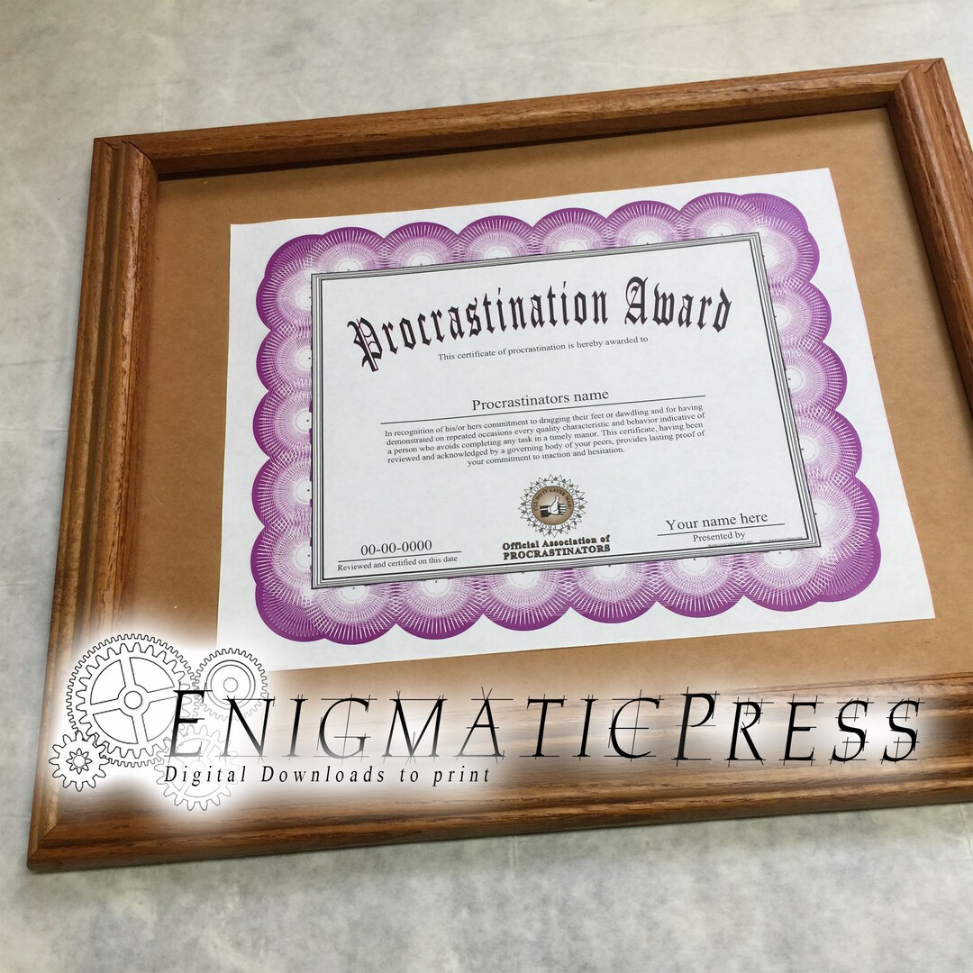 Procrastination Award, Editable PDF Certificate Print at Home Digital ...