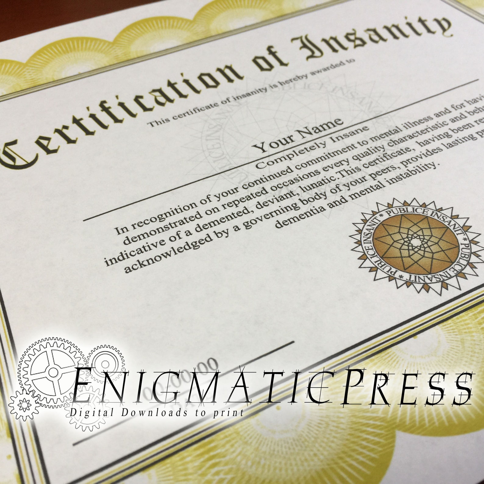 Certificate of Insanity, PDF With Editable Text, Home Printable ...