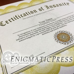 Certificate of Insanity, PDF With Editable Text, Home Printable ...