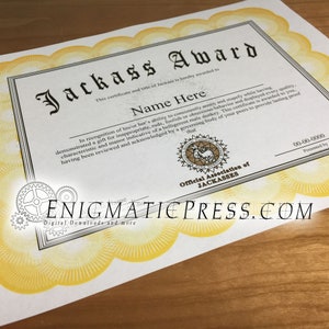 Jackass Award, Certificate With Editable Text, Joke, Home Printable ...