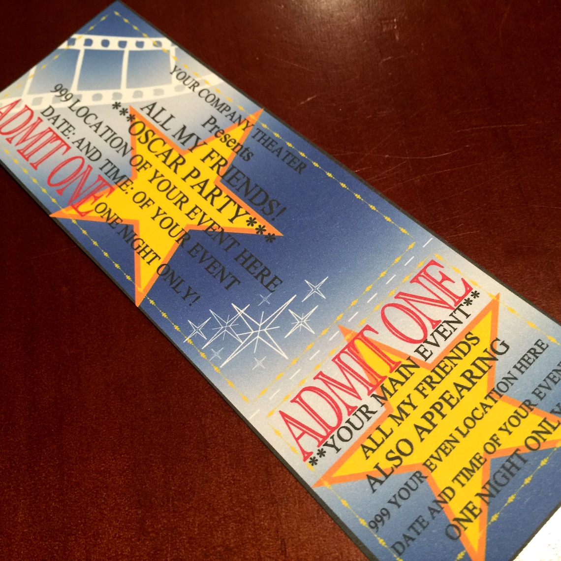 Hollywood Movie Style Tickets, Editable Blue Custom Event Pass, Digital ...