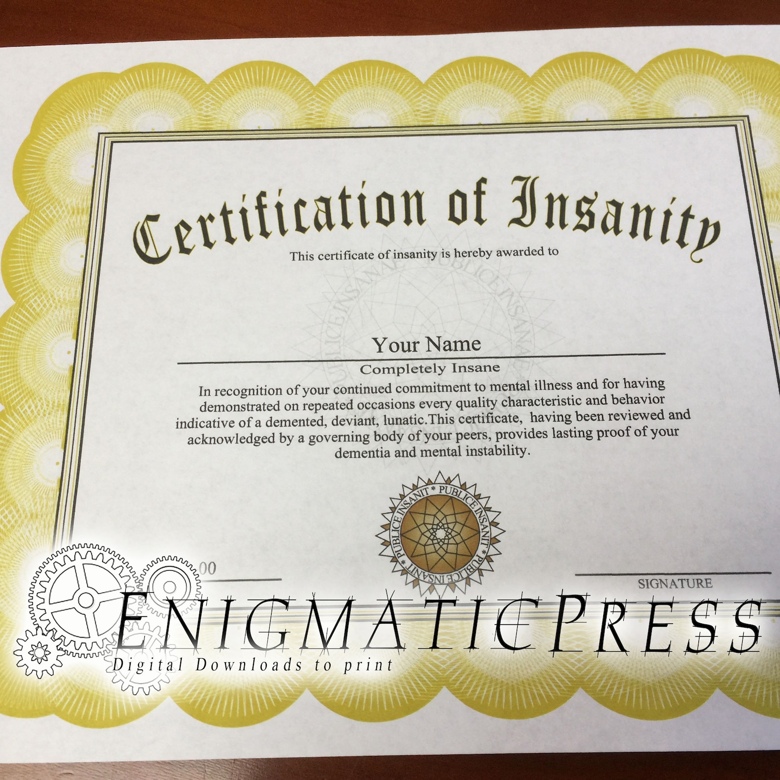 Certificate of Insanity, PDF With Editable Text, Home Printable ...