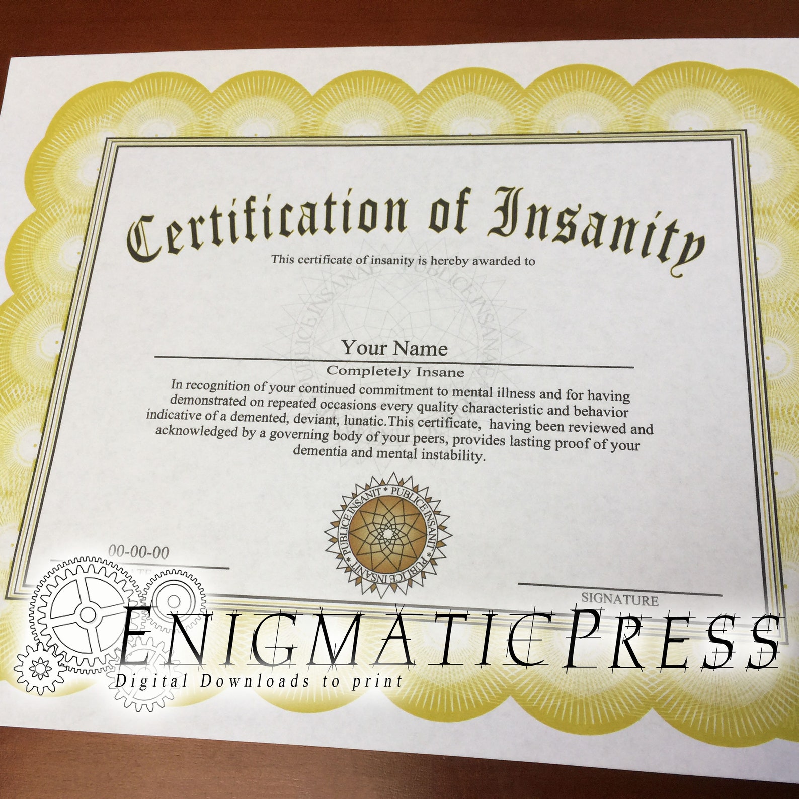 Certificate of Insanity, PDF With Editable Text, Home Printable ...