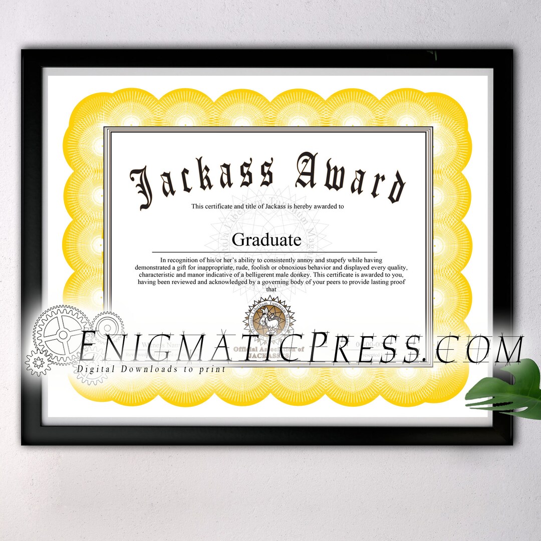 Jackass Award, Certificate With Editable Text, Joke, Home Printable ...