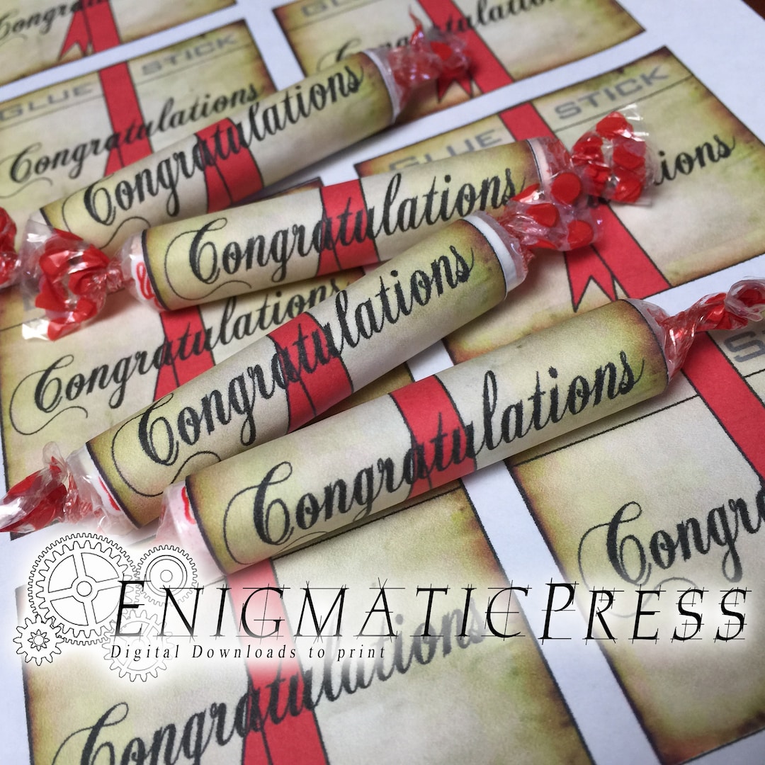 12 Diploma Style Smarties Labels, Red Ribbon, Congratulations and ...