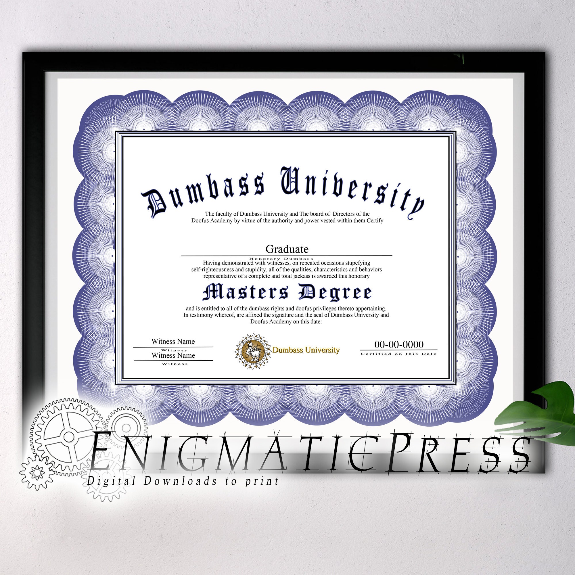 Honorary Dumbass Degree graduate style diploma with editable | Etsy