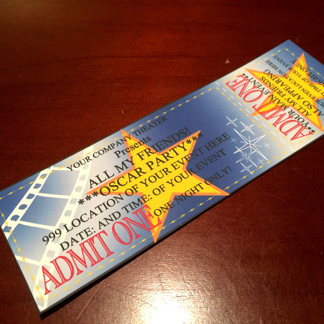 Hollywood Movie Style Tickets, Editable Blue Custom Event Pass, Digital ...