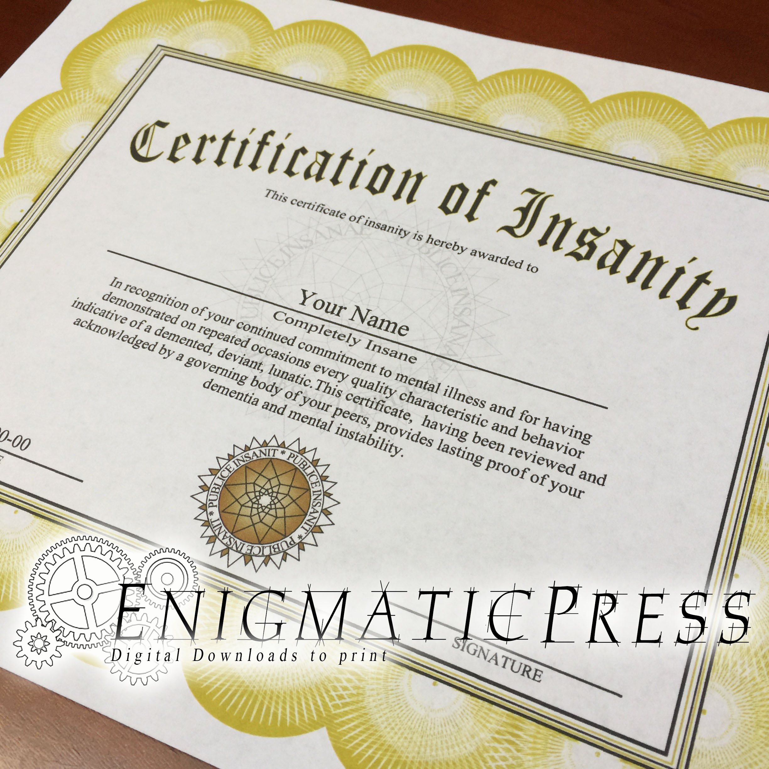 Certificate of Insanity PDF With Editable Text Home - Etsy Australia