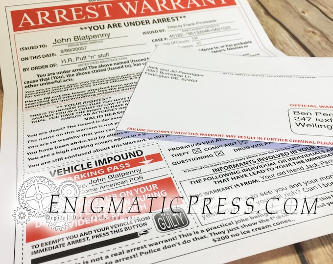 Prank Arrest Warrant, With Envelope, Editable Practical Joke PDF ...