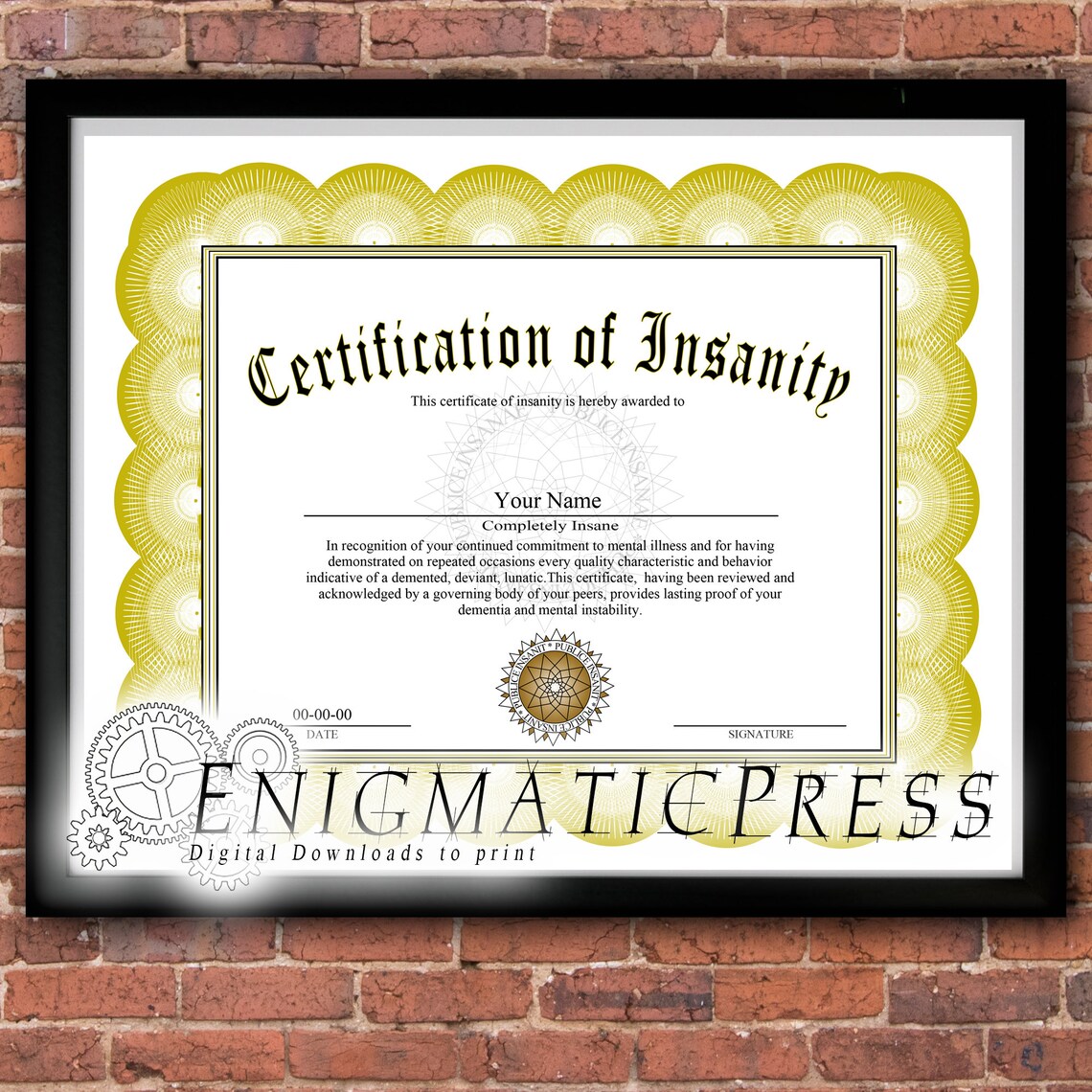 Certificate of Insanity, PDF With Editable Text, Home Printable ...