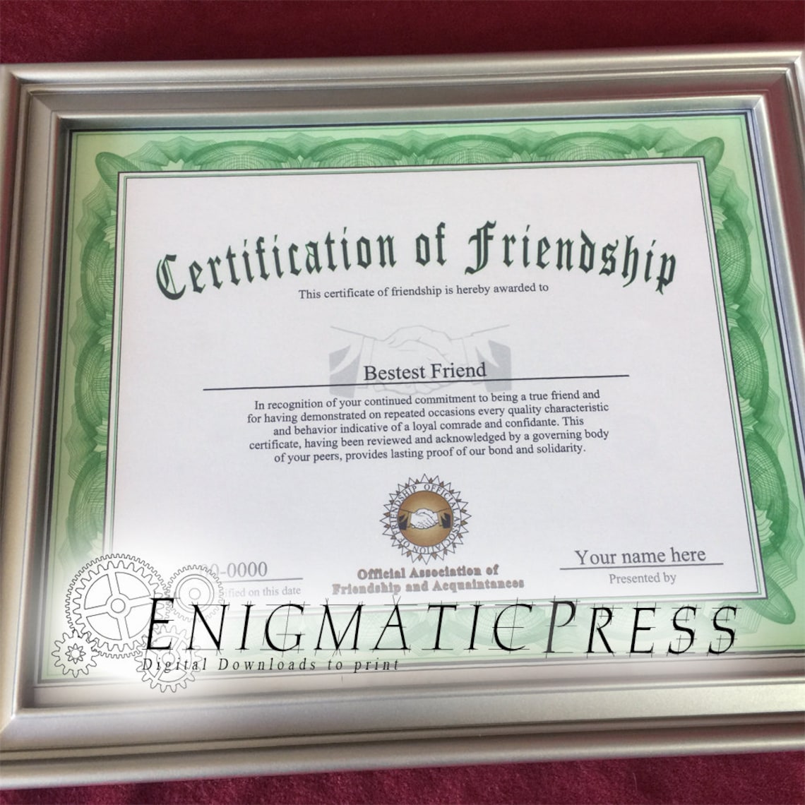 Certificate of Friendship Award Style Gift, With Editable Text, Home ...