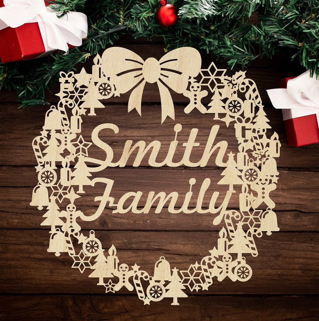 Personalized Christmas Wreath W/ Family Name | Birch Wood Custom ...