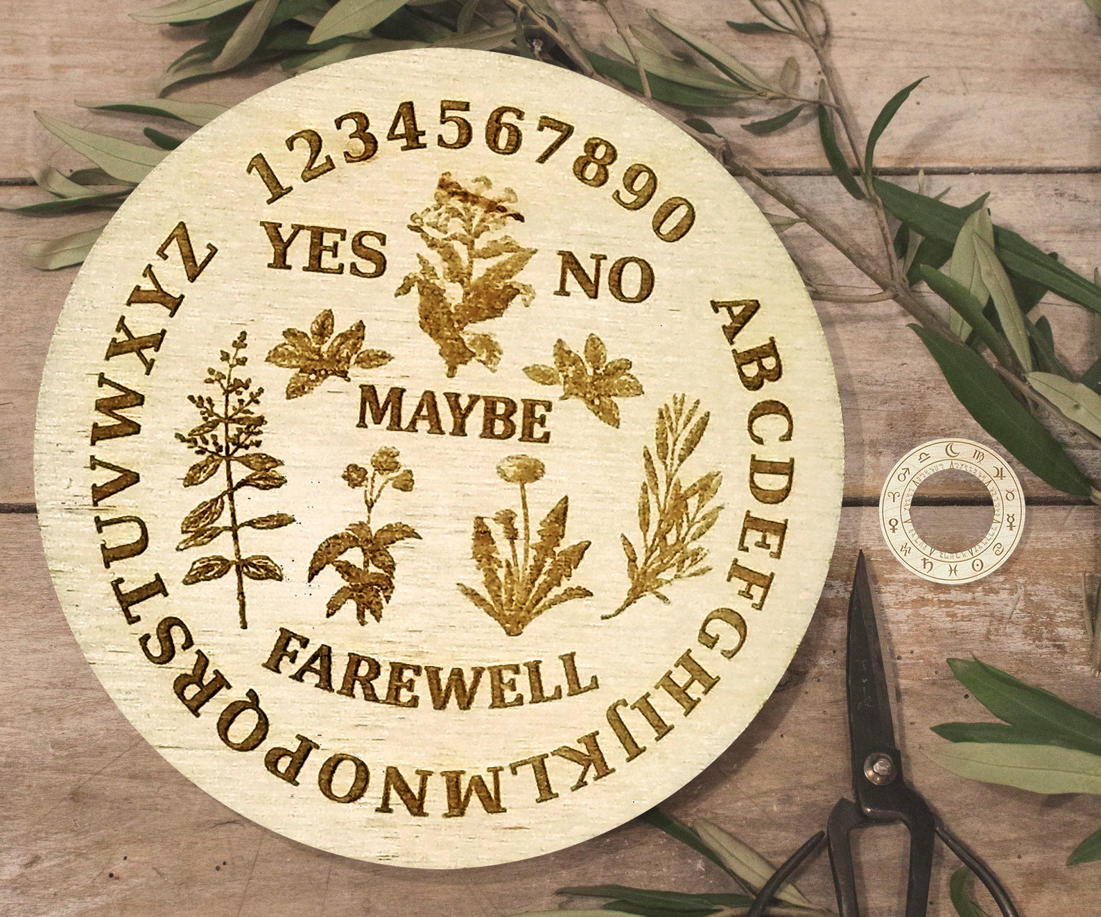 Wooden Round Ouija Board & Planchette W/ Herbal, Floral, Plants ...
