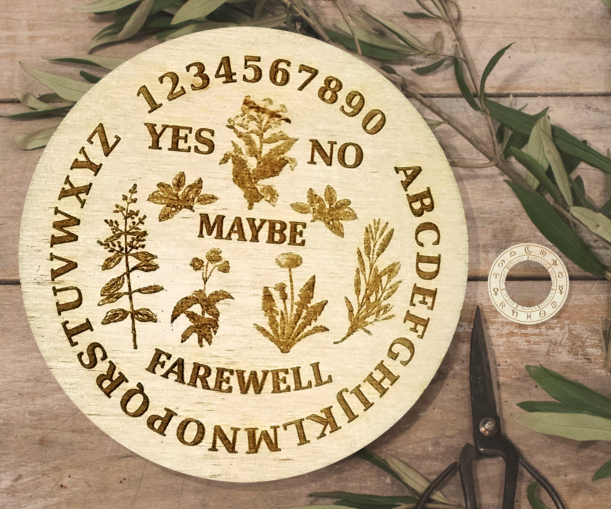 Wooden Round Ouija Board & Planchette W/ Herbal, Floral, Plants ...