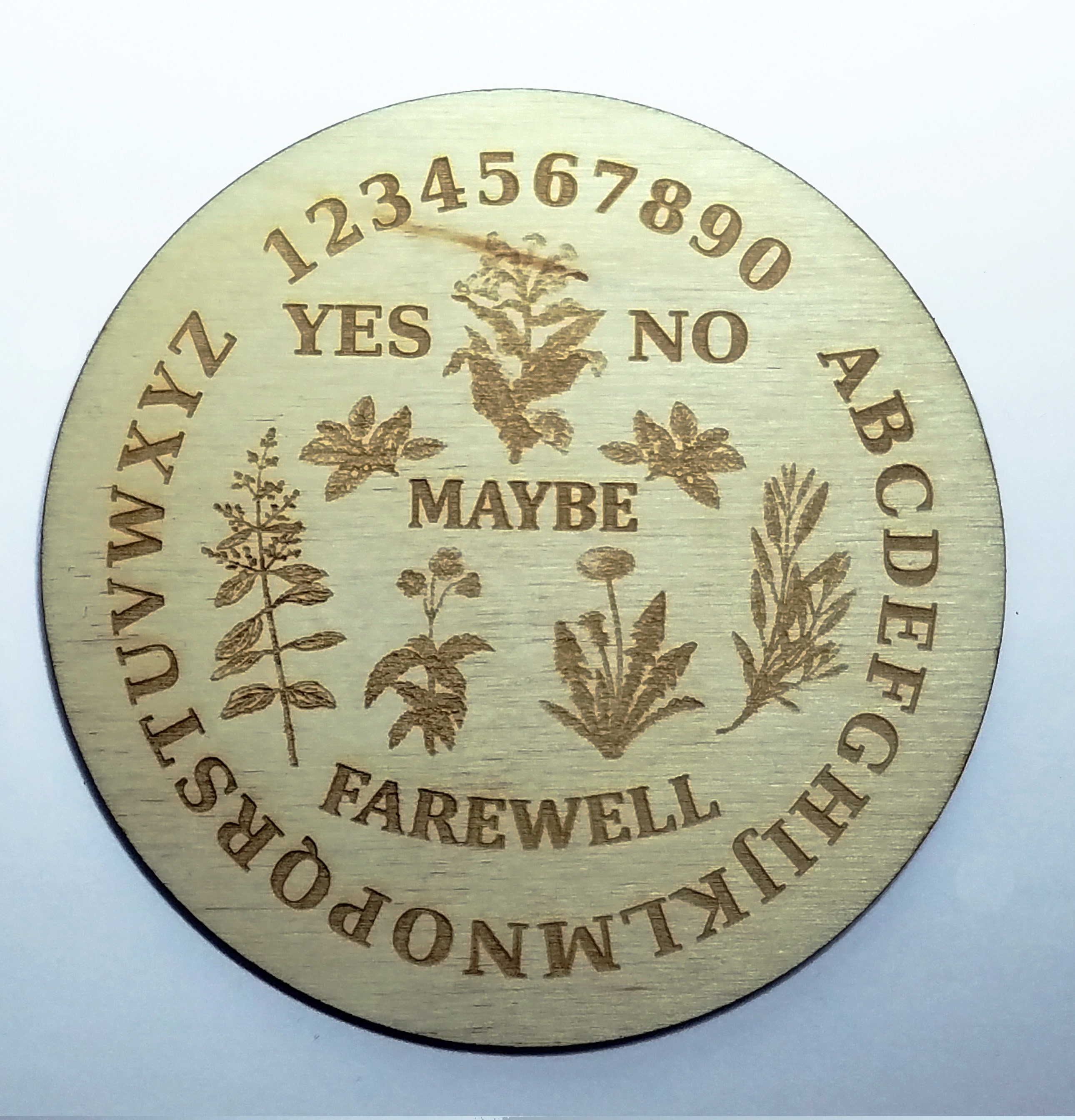 Wooden Round Ouija Board & Planchette W/ Herbal, Floral, Plants ...