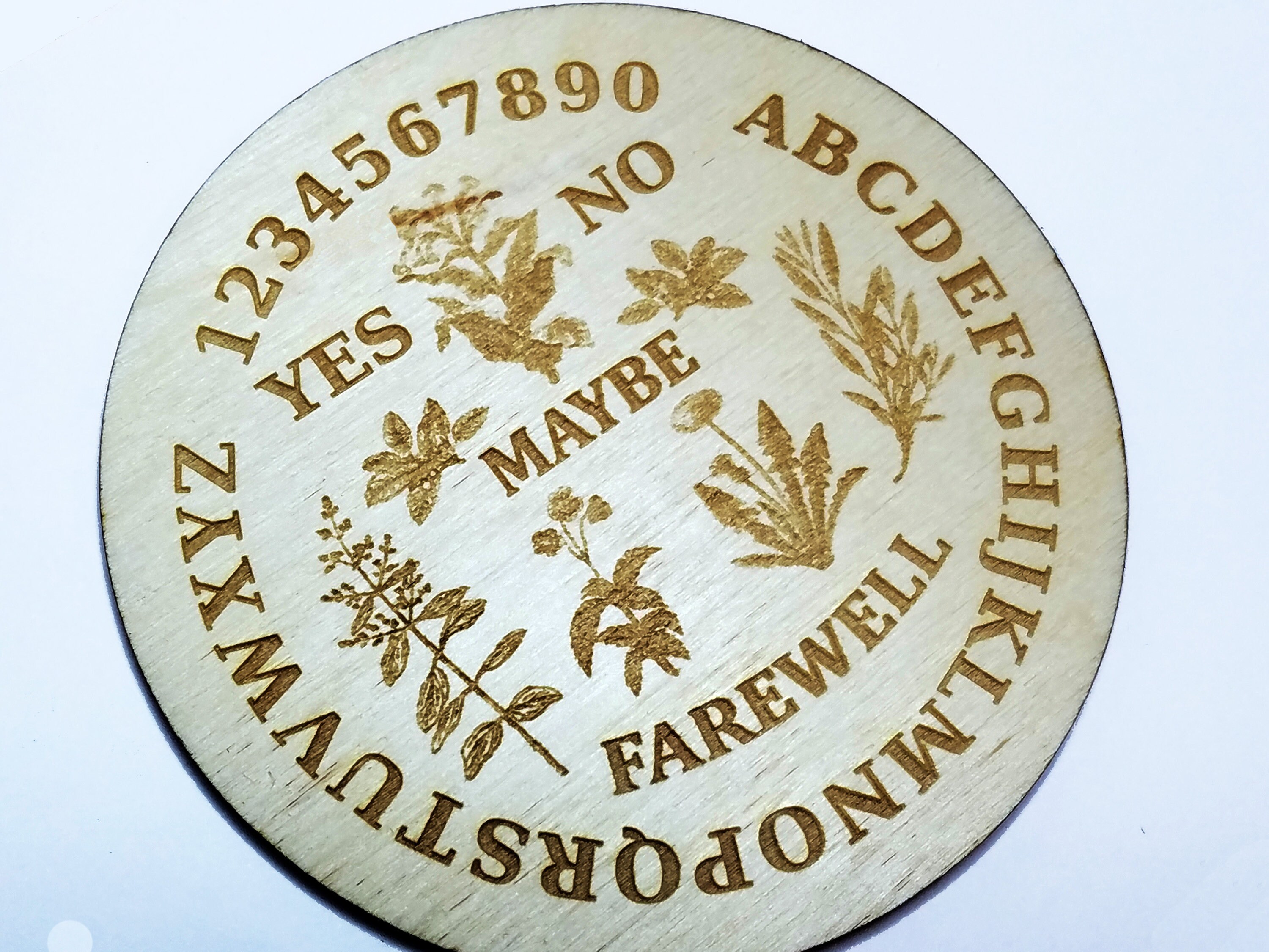 Wooden Round Ouija Board & Planchette W/ Herbal, Floral, Plants ...
