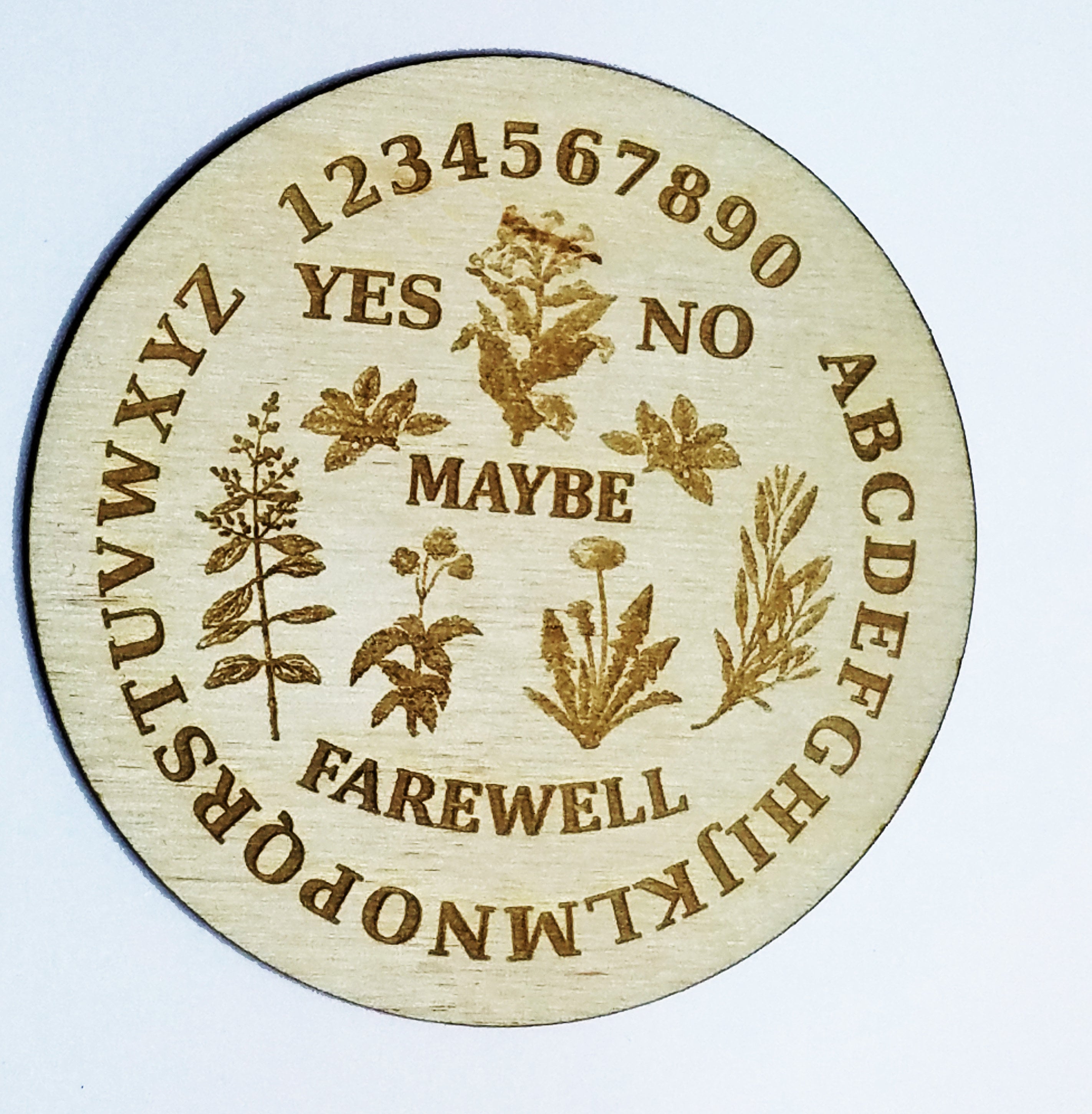 Wooden Round Ouija Board & Planchette W/ Herbal, Floral, Plants ...