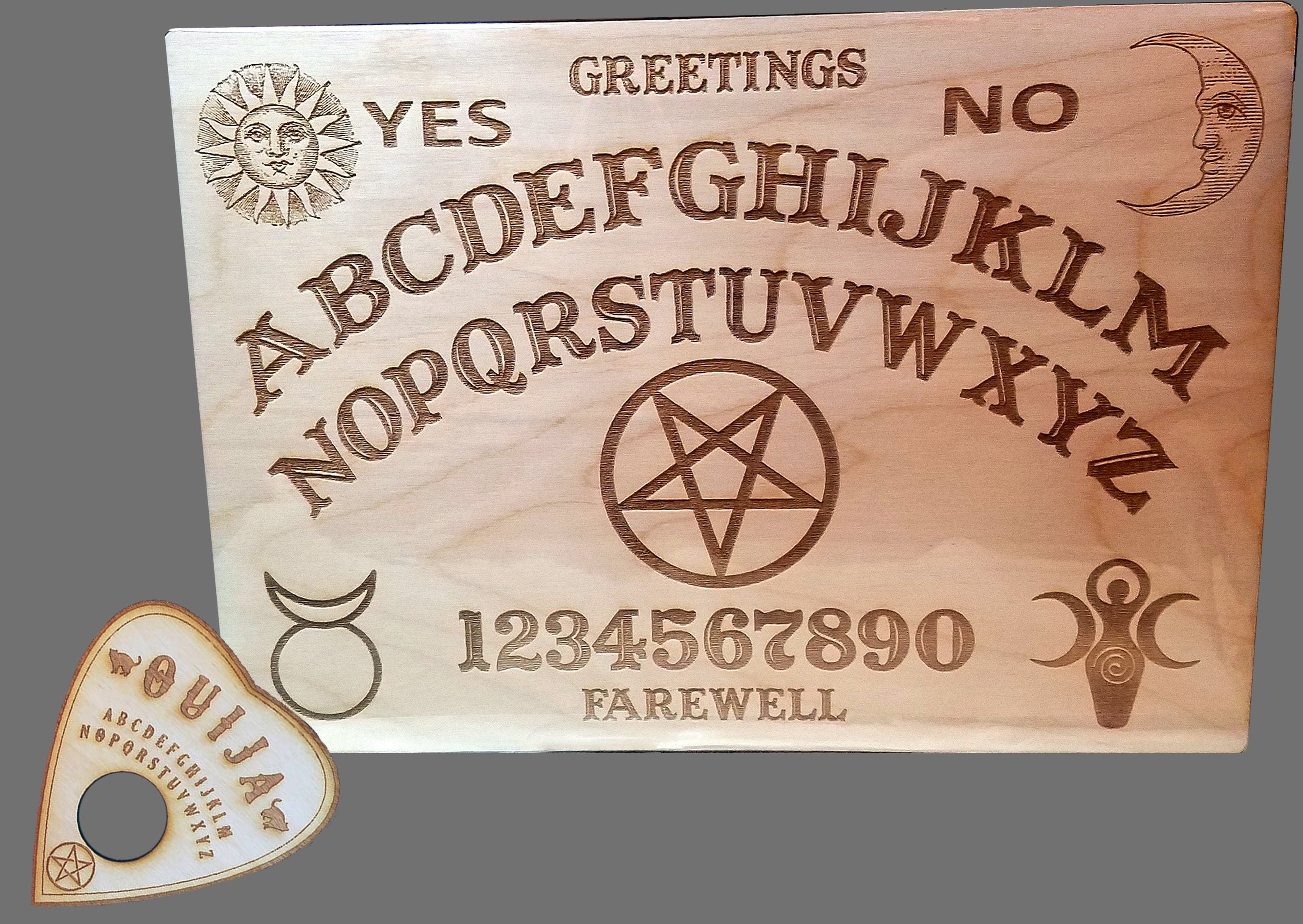 Wooden Ouija Board And Planchette W Wiccan Goddess Horned God Etsy