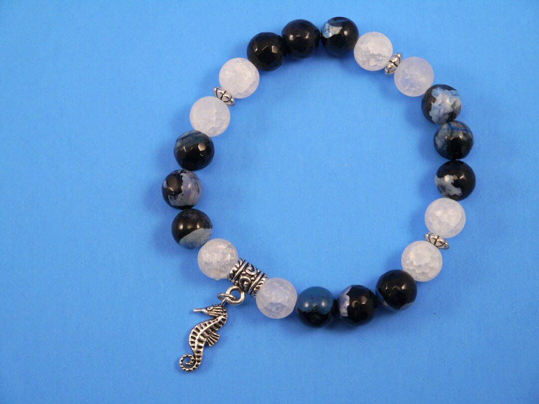 Stretch Bracelet Blue Jasper and White Crackle Beads Seahorse Charm ...
