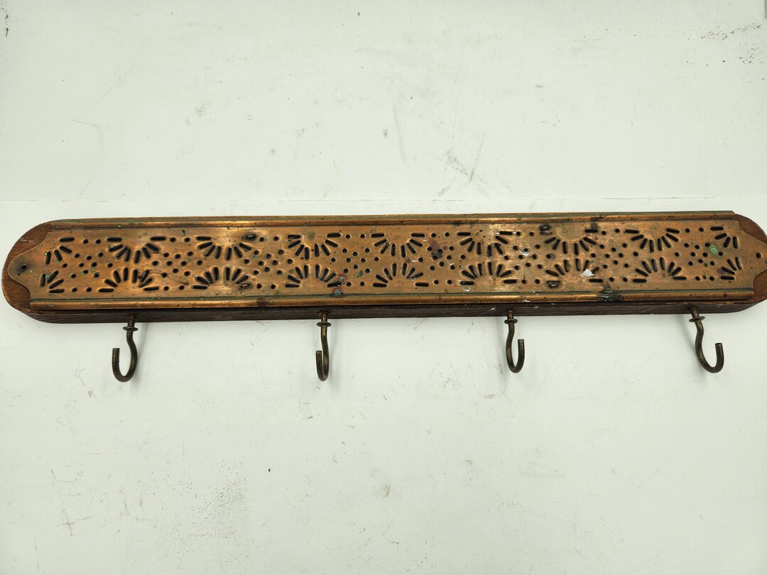 Vintage Wood and Copper 4 Hook Hanging Key, Coat or Purse Rack / 18.5 ...