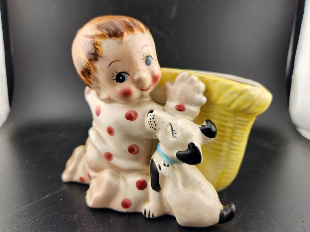 Vintage Lightweight Pottery Vase Featuring a Child in Pajamas With a ...