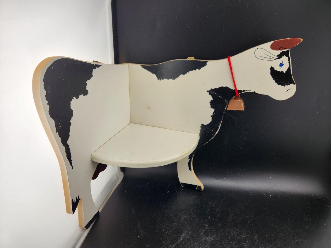 Vintage Wooden Corner Black and White Cow Shelf With Hooks for Hanging ...