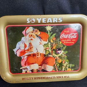 Vintage 1984 Aluminum Serving Tray 17.5 X 13 Santa Claus Drinking Coca ...