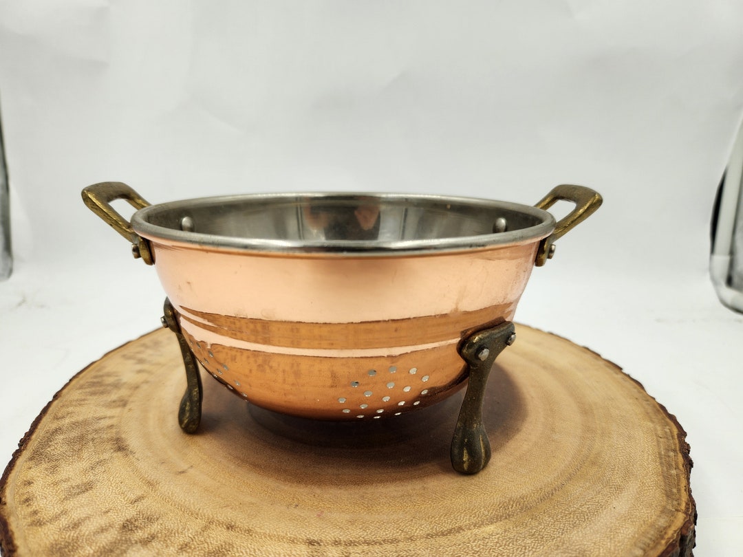 Vintage Tin Lined Copper Drainer / Colander / Sieve With Brass Handles ...