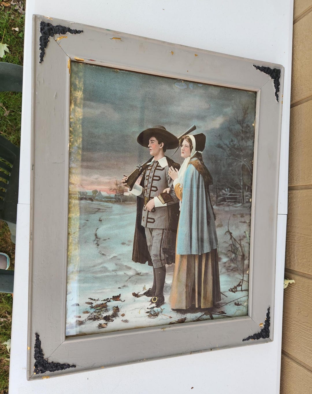 Vintage Glass Frame Picture of Two Pilgrim Early Settlers / 25" X 20.5 ...