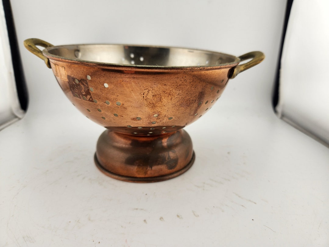 Vintage Tin Lined Copper Drainer / Colander / Sieve With Brass Handles ...