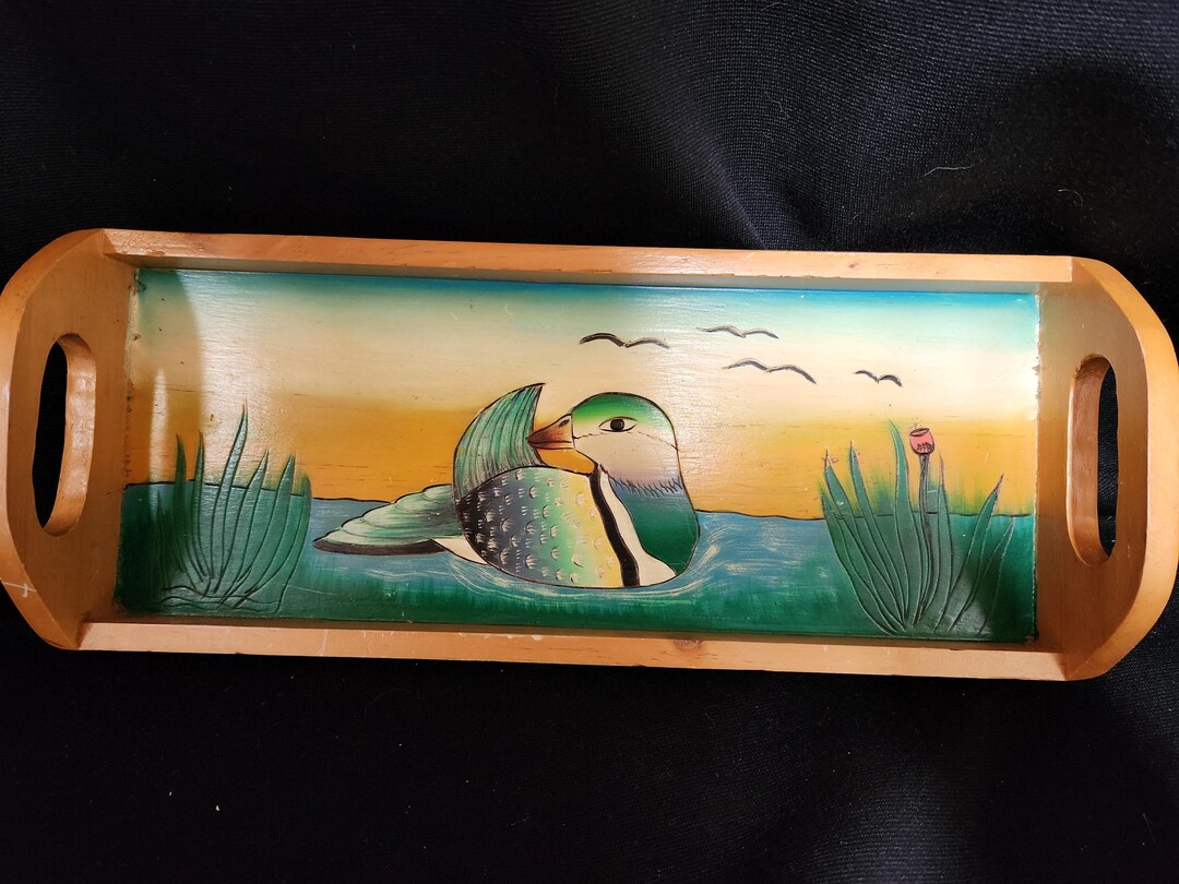 Vintage Wooden Rectangle Tray With Sides and Handles - Etched Duck on a ...
