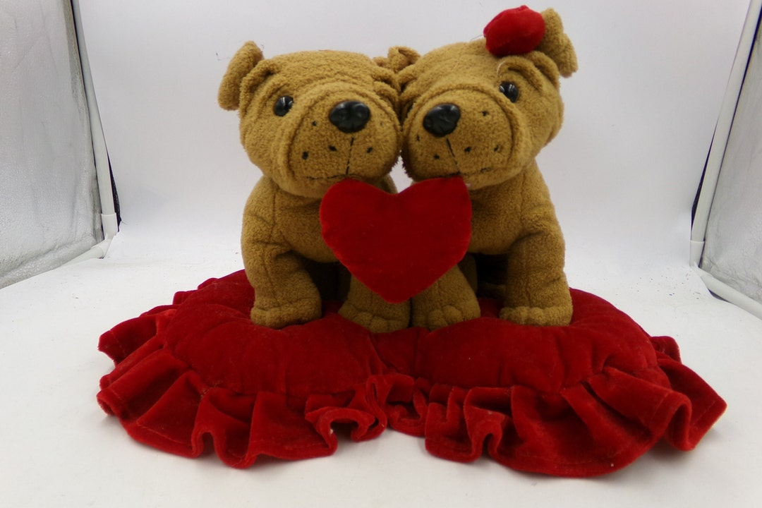 Vintage Plush Stuffed Pair of Dogs Sitting on Tufted Red Valentine ...