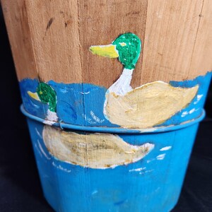 Vintage Wooden Bucket With Rope Handle - Pond Scene With Floating Ducks ...