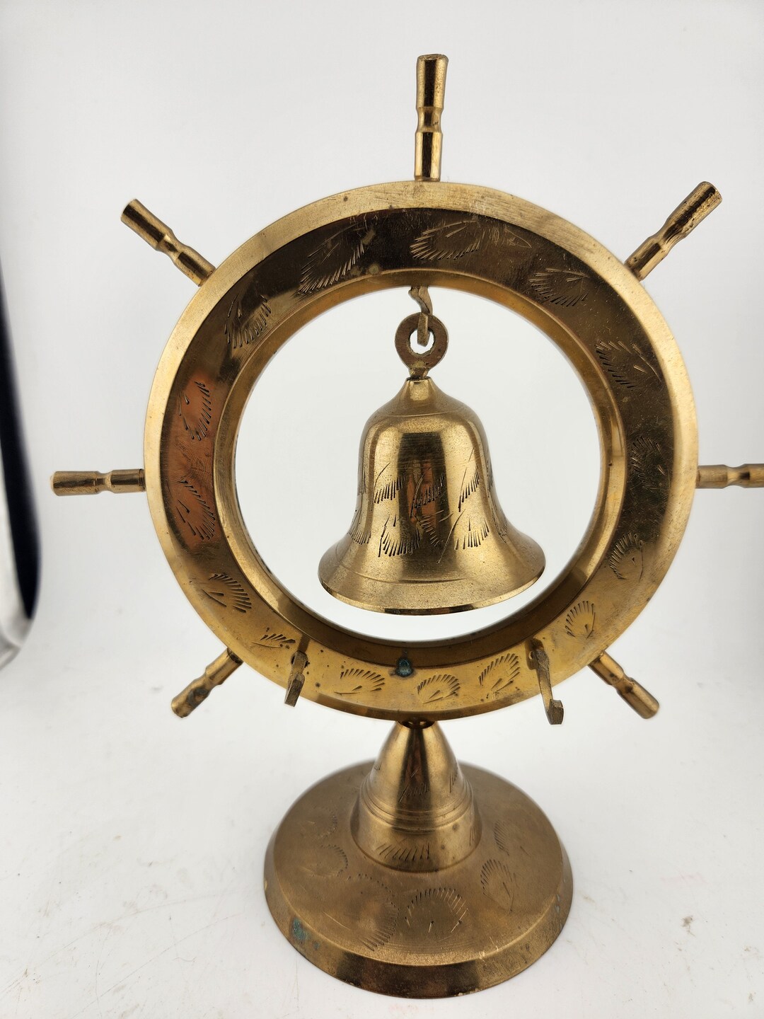 Vintage Solid Brass Gong in a Ship's Wheel / Height is 8.5" / Etched ...