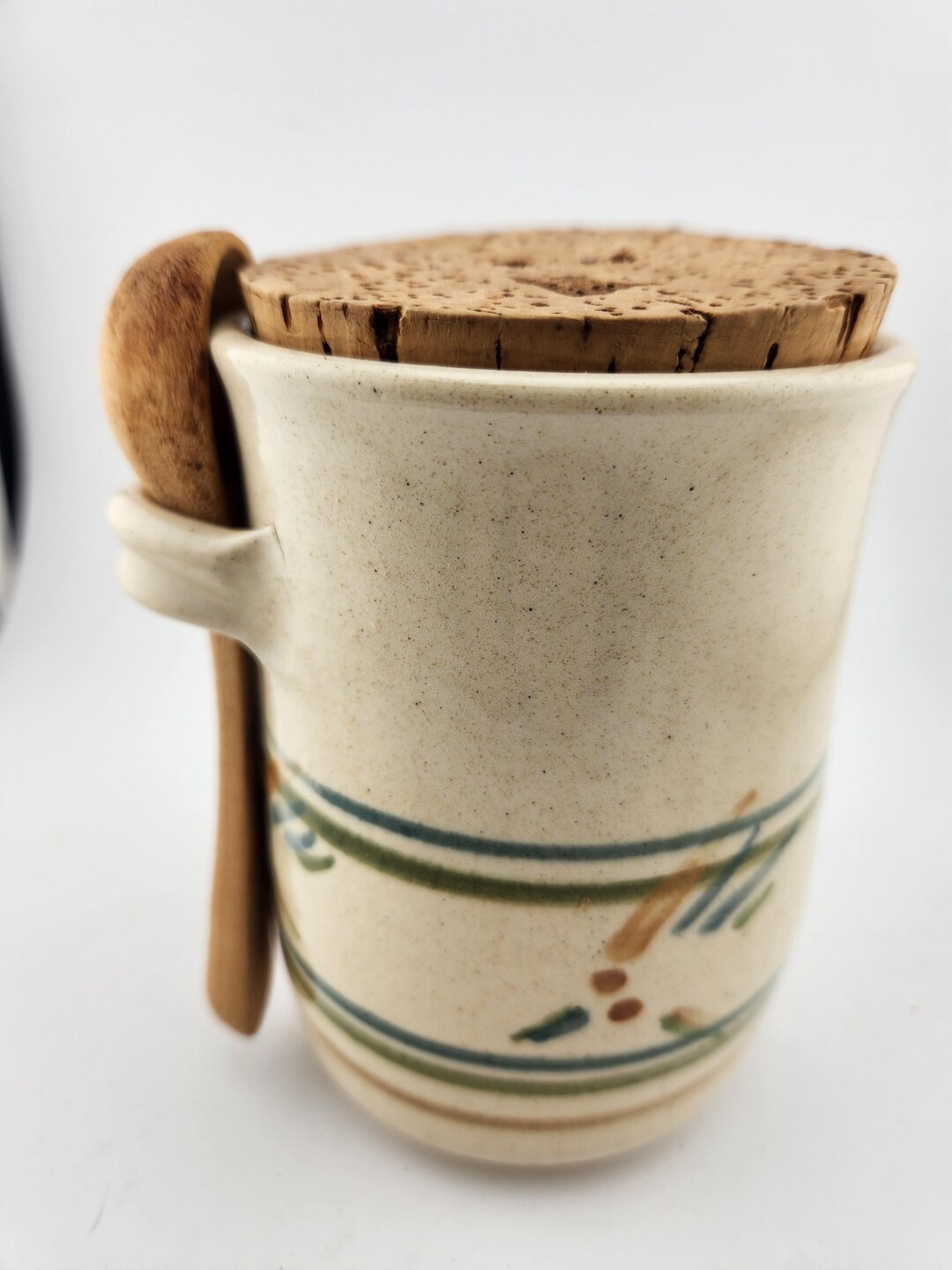 Vintage Pottery Salt Cellar Jar With Cork Lid and Wooden Spoon Great ...