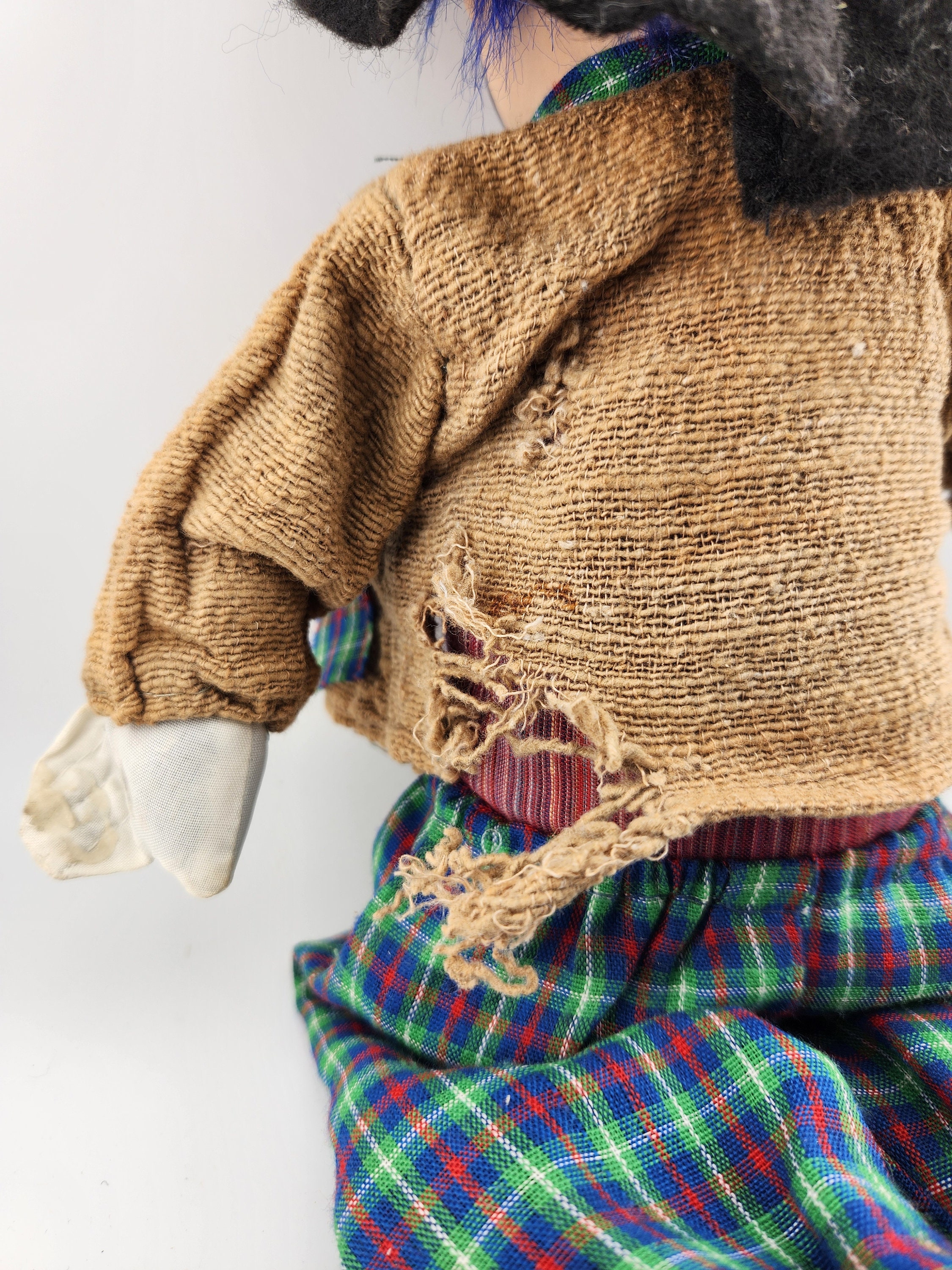 Vintage 19" Hobo Clown With Torn Burlap Jacket and Felt Hat / Porcelain ...