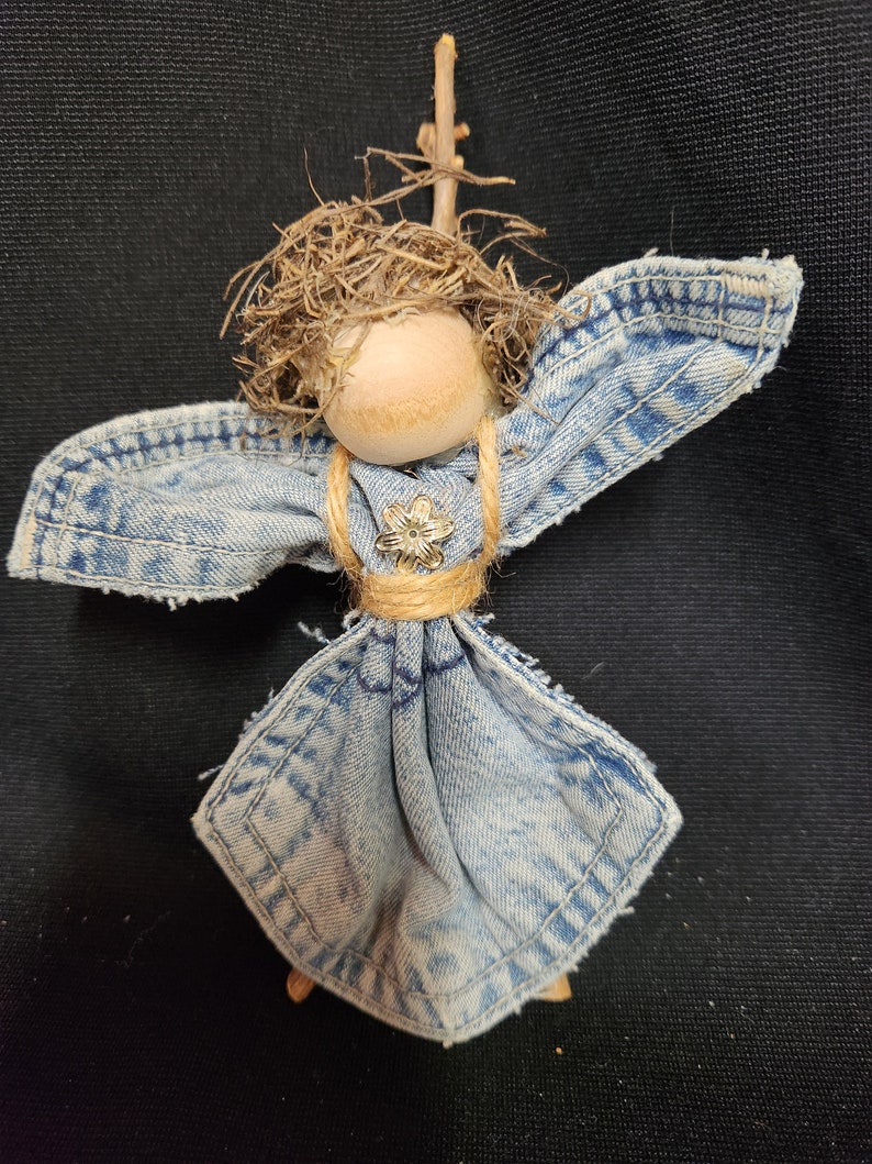 Vintage 6" Angel With Wooden Sticks - Made From Denim and Twine. Very ...