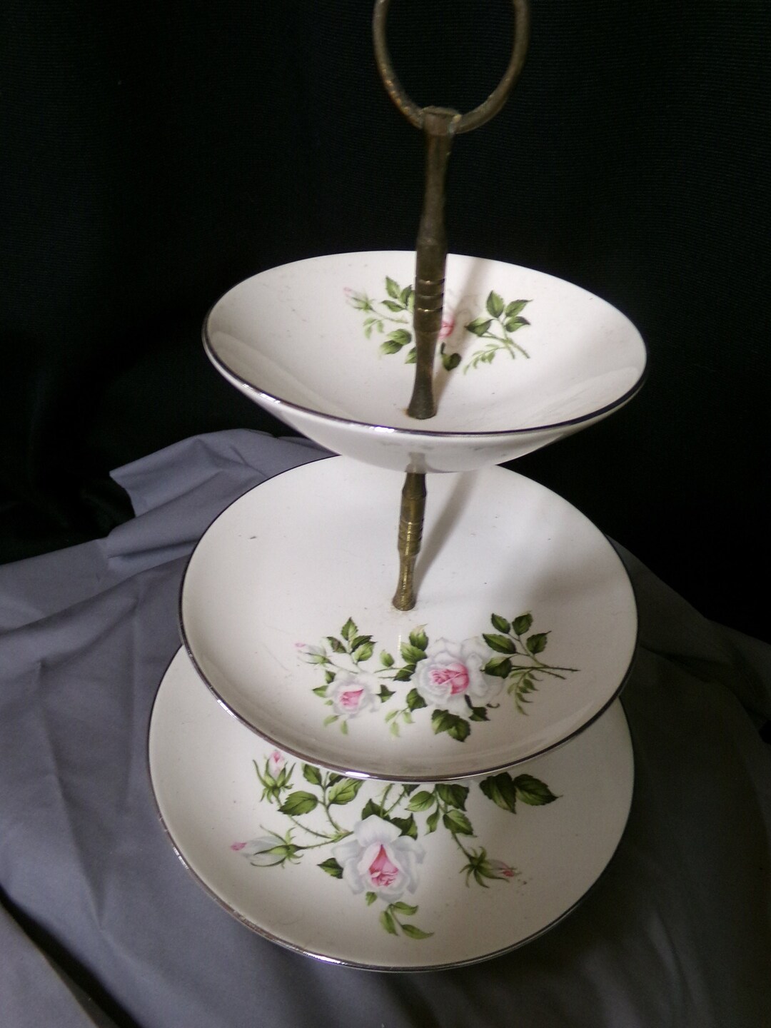 Vintage 3 Tier China Serving Stand Pink and White Rose Pattern With a ...