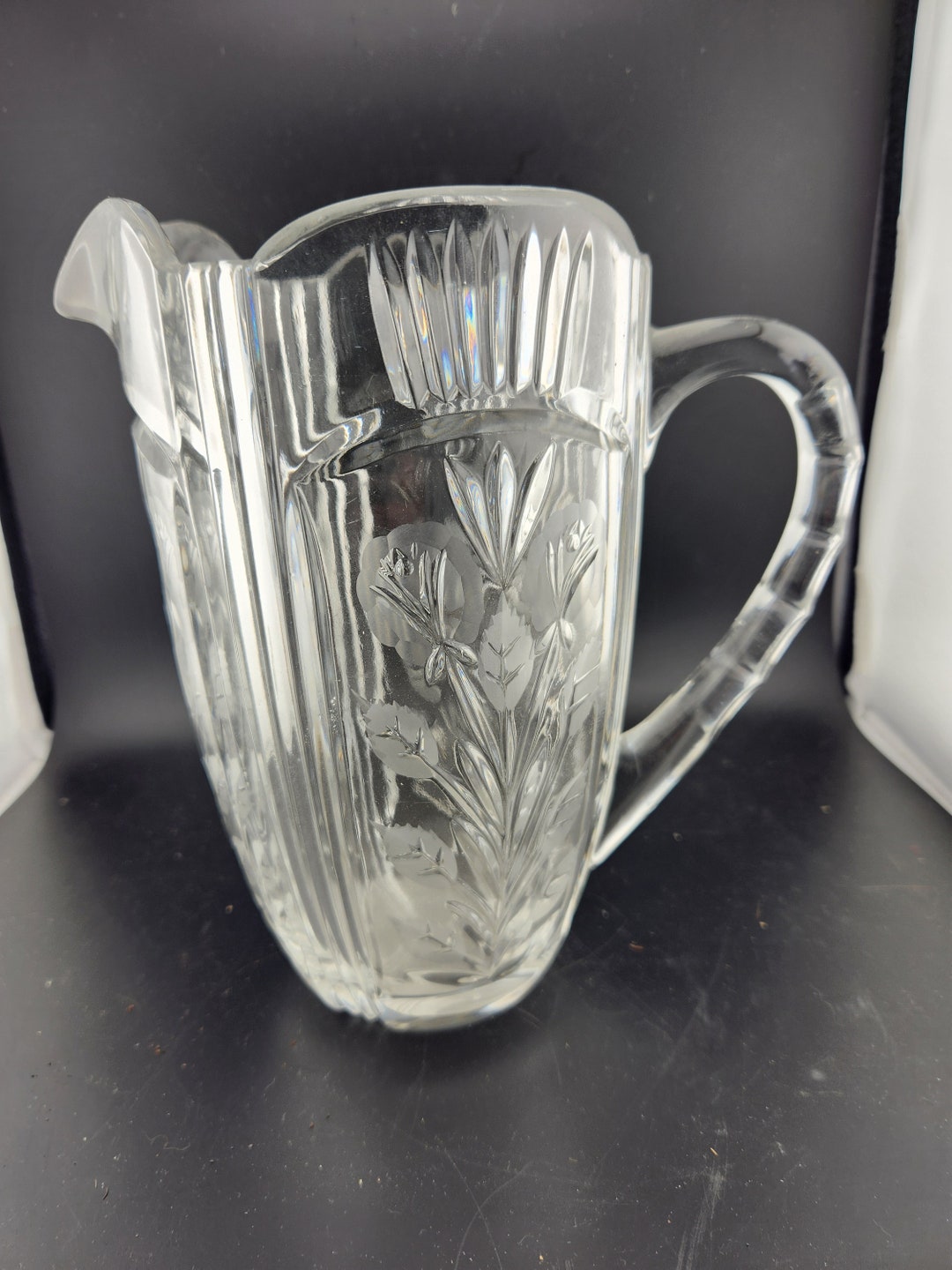 Vintage Heavy Clear Glass Pitcher With Handle 8.5